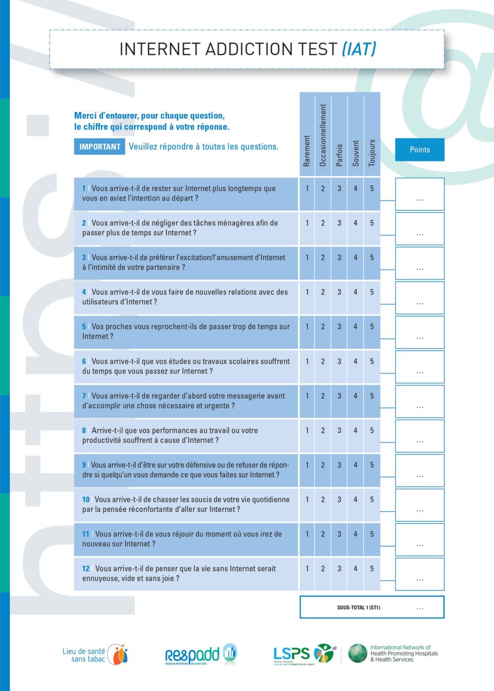 Questionnaire RESPADD – Internet Addiction Test – RESPADD